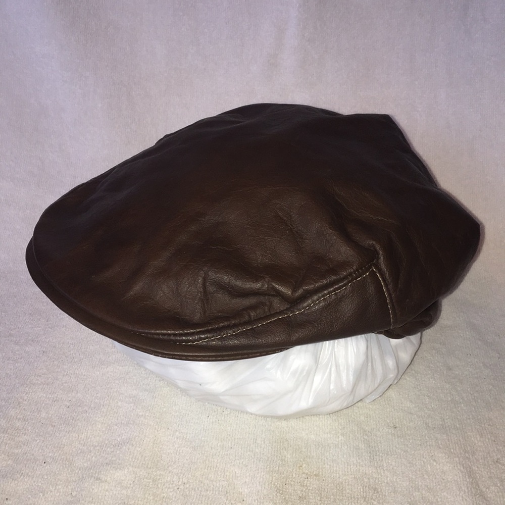 Vintage Brown Leather Flat Cap Driving Hat Newsboy Sm… - Gem